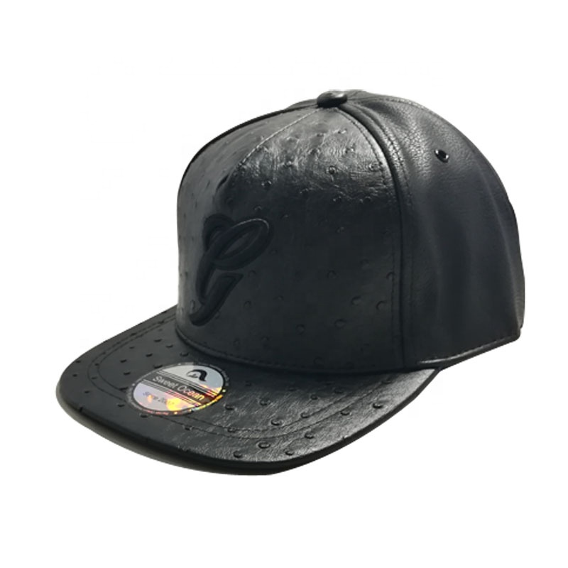 High Quality Black 6-panel Leather Flat Brim Snapback Caps with Custom ...